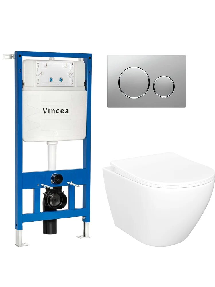Комплект 4 в 1: Инсталляция Vincea VIS-601 / Унитаз подвесной STWORKI Кронборг S28401WH безободковый, с микролифтом / Кнопка VFP-005CH, матовый хром, Комплект креплений