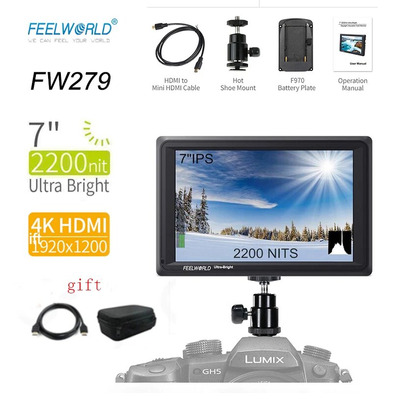 Feelworld FW279 монитор для камер DSLR 7 дюймов 4k HDMI с полем зрения 2200 нитей ультра яркий Full HD 1920x1200 LCD IPS для камер Canon Sony