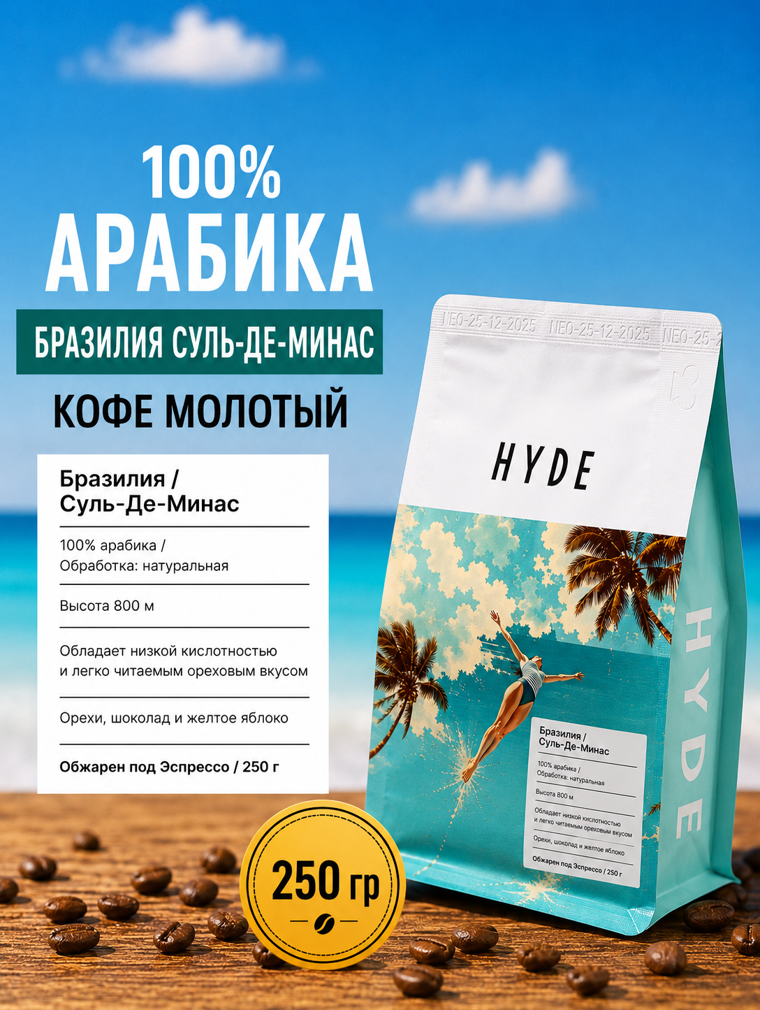 Кофе молотый Бразилия Суль-Де-Минас 250 г, 100% Арабика, средняя обжарка