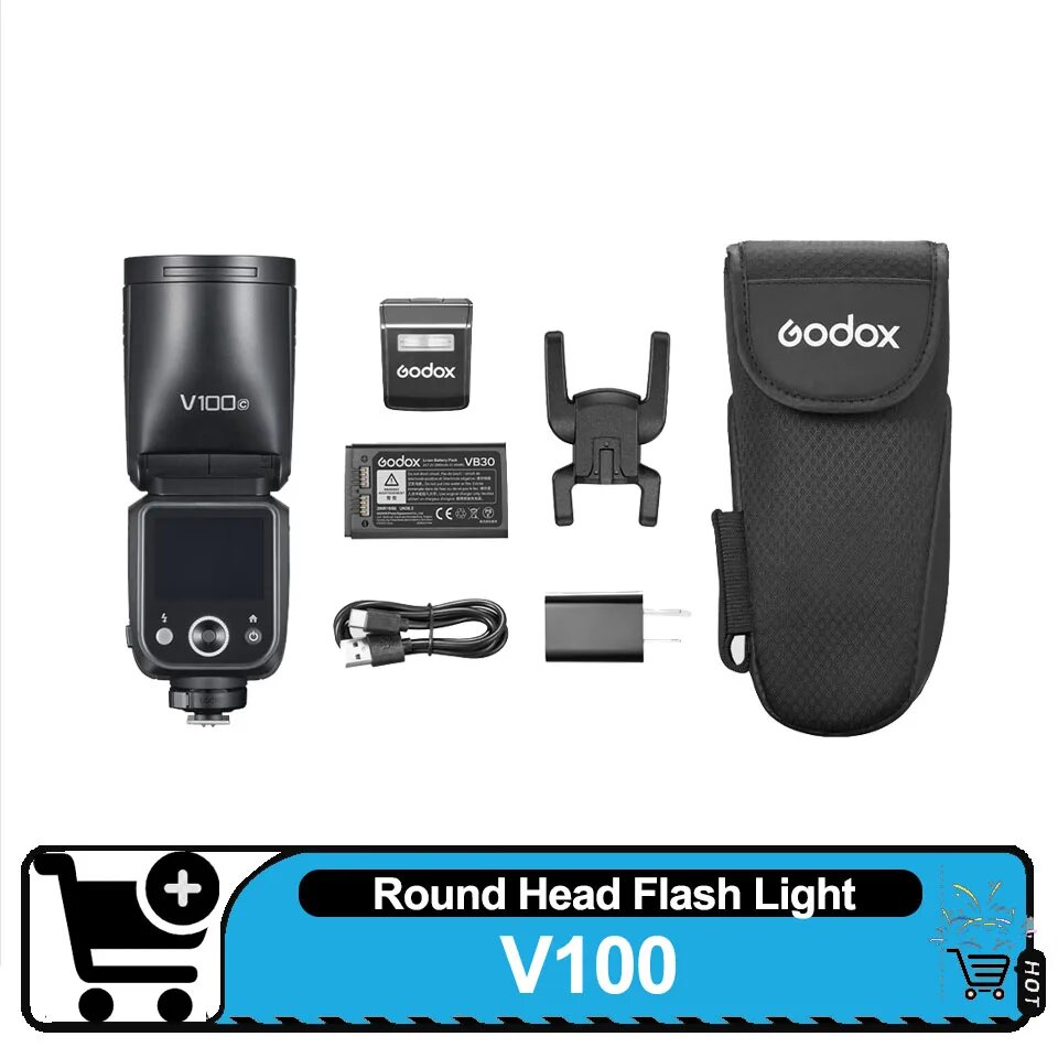 Вспышка Godox V100 C/N/S/F/O с 70 последовательными вспышками на полной мощности, сенсорным экраном, TTL, HSS и круглым головом для камер