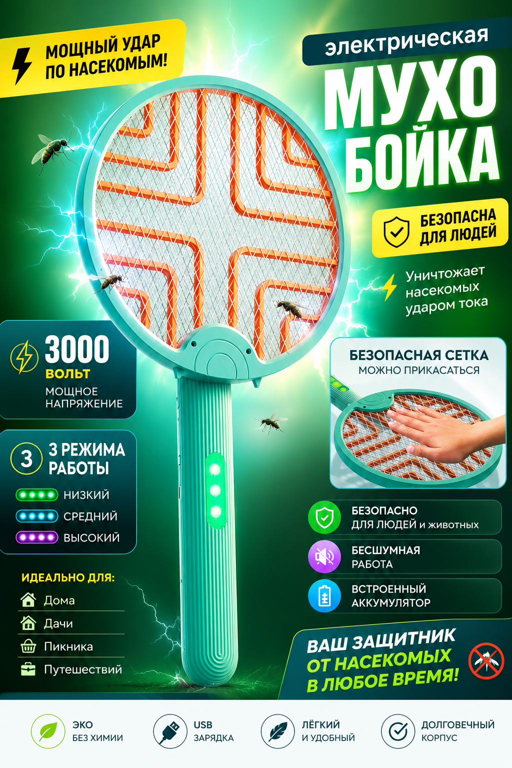 Электрическая мухобойка для уничтожения комаров, мух и других летающих насекомых, зеленая