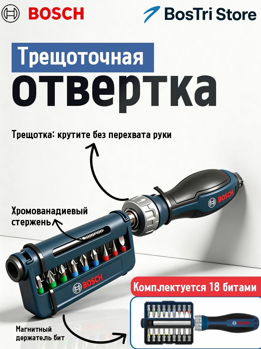 Отвертка трещоточная Bosch с набором бит 18 шт, профессиональный инструмент для монтажных работ монтажный инструмент трещоточный механизм набор для ремонта