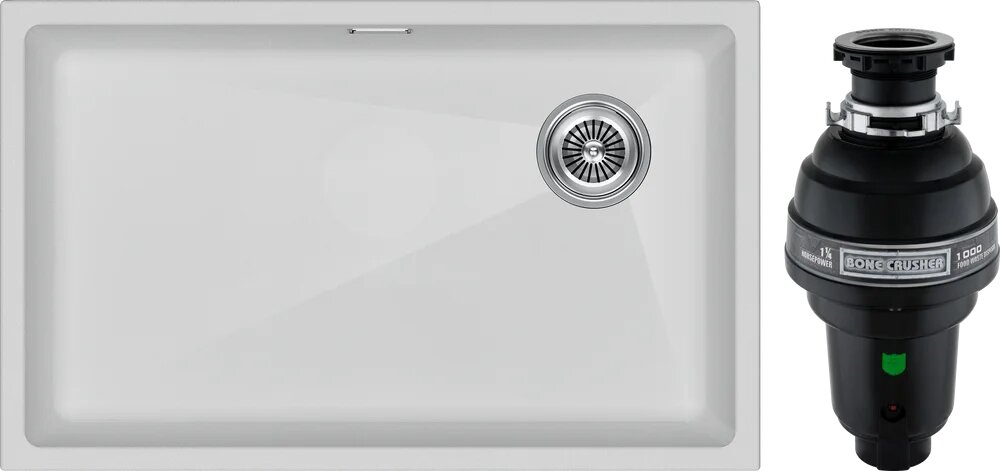 Комплект Мойка Paulmark Lumi LU74SK-WH 74x46, белая, искусственный гранит / Измельчитель Bone Crusher BC 1000-AS электрический, нержавеющая сталь