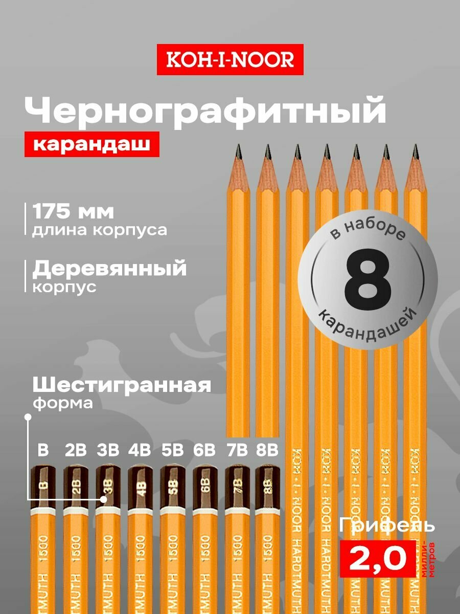 Карандаши простые художественные, В-8В, набор 8 шт