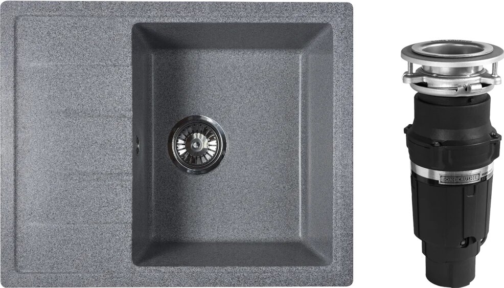 Комплект Мойка Reflexion Plato RX1457GR 57x46, гравий, кварц / Измельчитель Bone Crusher BC 610-AS электрический, нержавеющая сталь