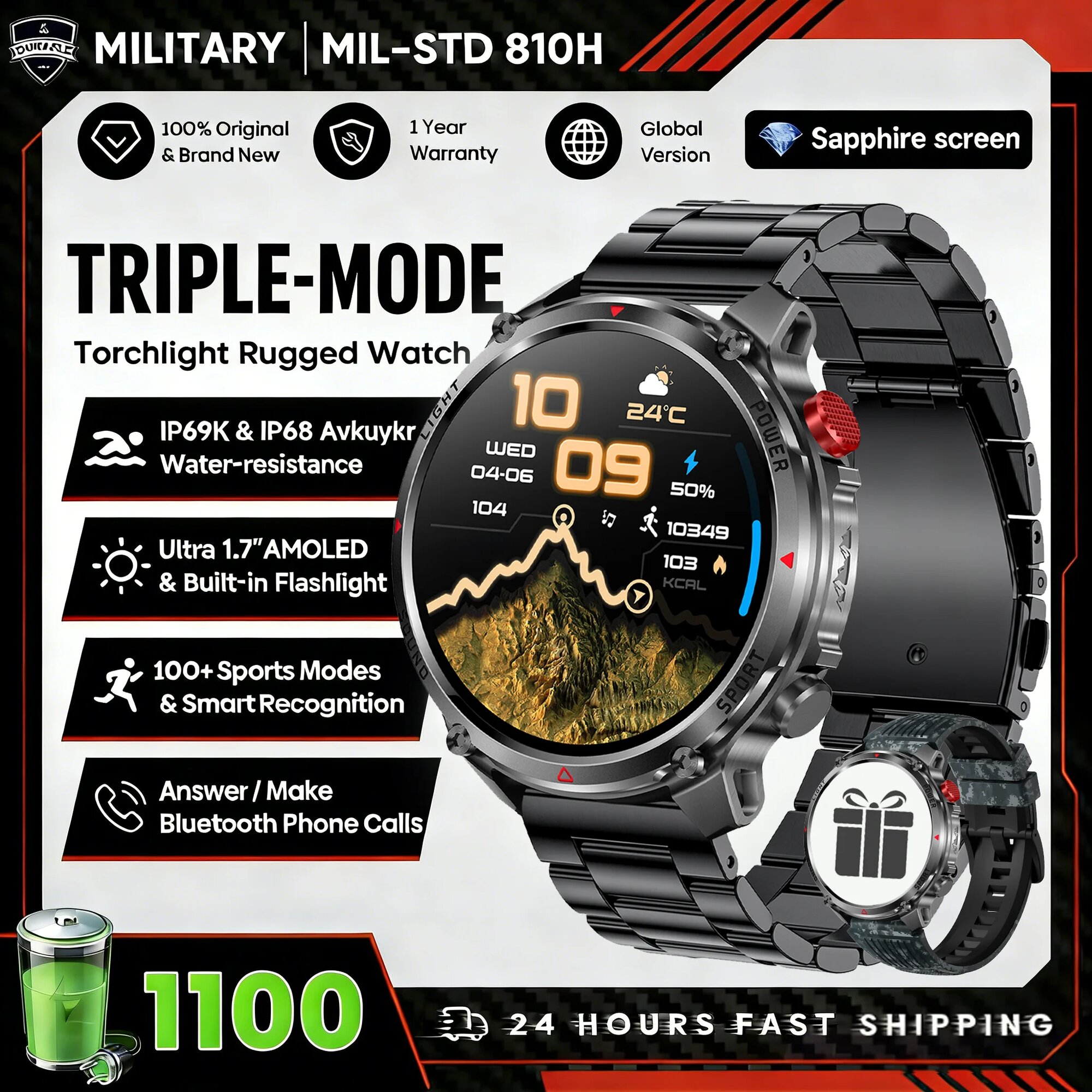 Military Outdoor Smartwatch 2026 Edition Black Steel A