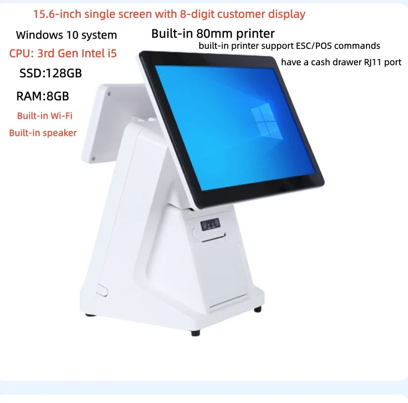 15,6-дюймовый POS-терминал All-in-One. Доступен с операционной системой Windows или Android, 4ГБ/8ГБ ОЗУ и 128ГБ/256ГБ SSD. Встроенный 80-миллиметровый принтер.