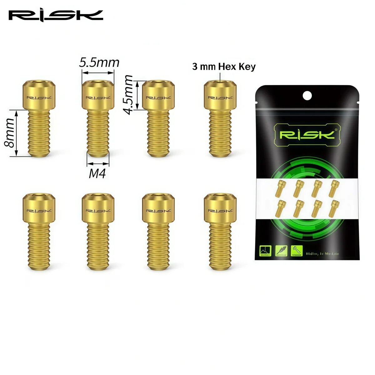 RISK Винты для педалей MTB/DH из титана M4×5/8 мм Зеленый, RISK-RT059-G