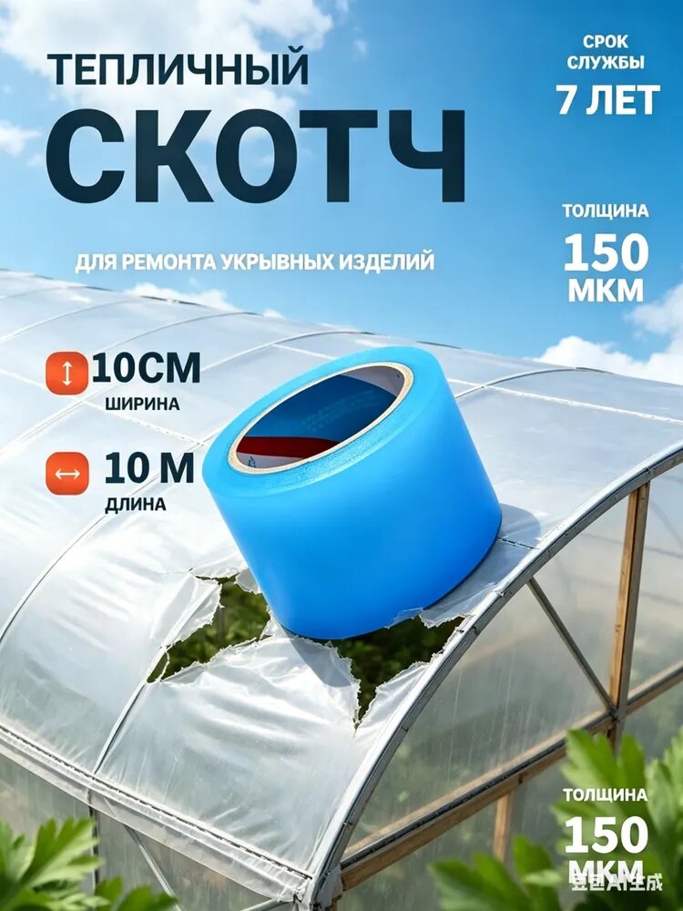 Клейкая лента для ремонта пленки 10 см х 10 м, толщина 100 мкм, скотч для теплицы, парника и поликарбоната
