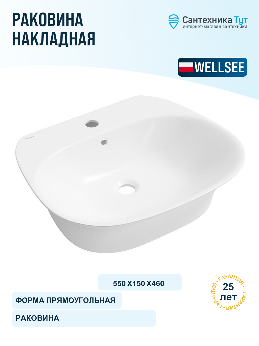 Раковина Wellsee Excellence Pro 55 31760200S цвет Белый глянцевый