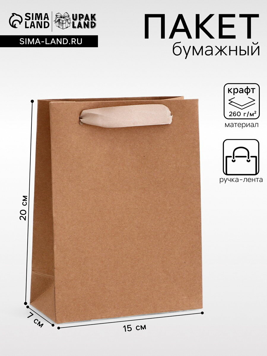 Пакет крафт без печати, вертикальный, 15x7x20 см 260 г/?2, цвет: бежевый, 5 шт.