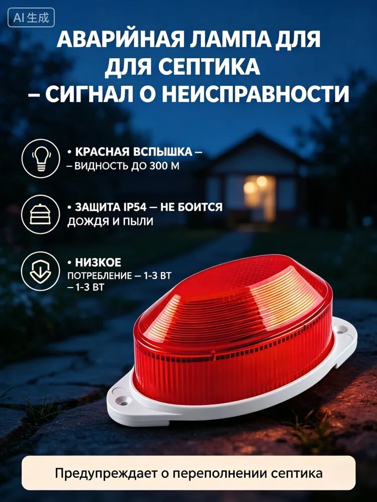 Сигнальная аварийная лампа для септика. Cветильник-вспышка 1светодиодов 1,3W, красная.