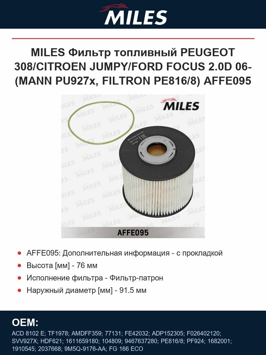 MILES Фильтр топливный PEUGEOT 308/CITROEN JUMPY/FORD FOCUS 2.0D 06- (MANN PU927x, FILTRON PE816/8) AFFE095
