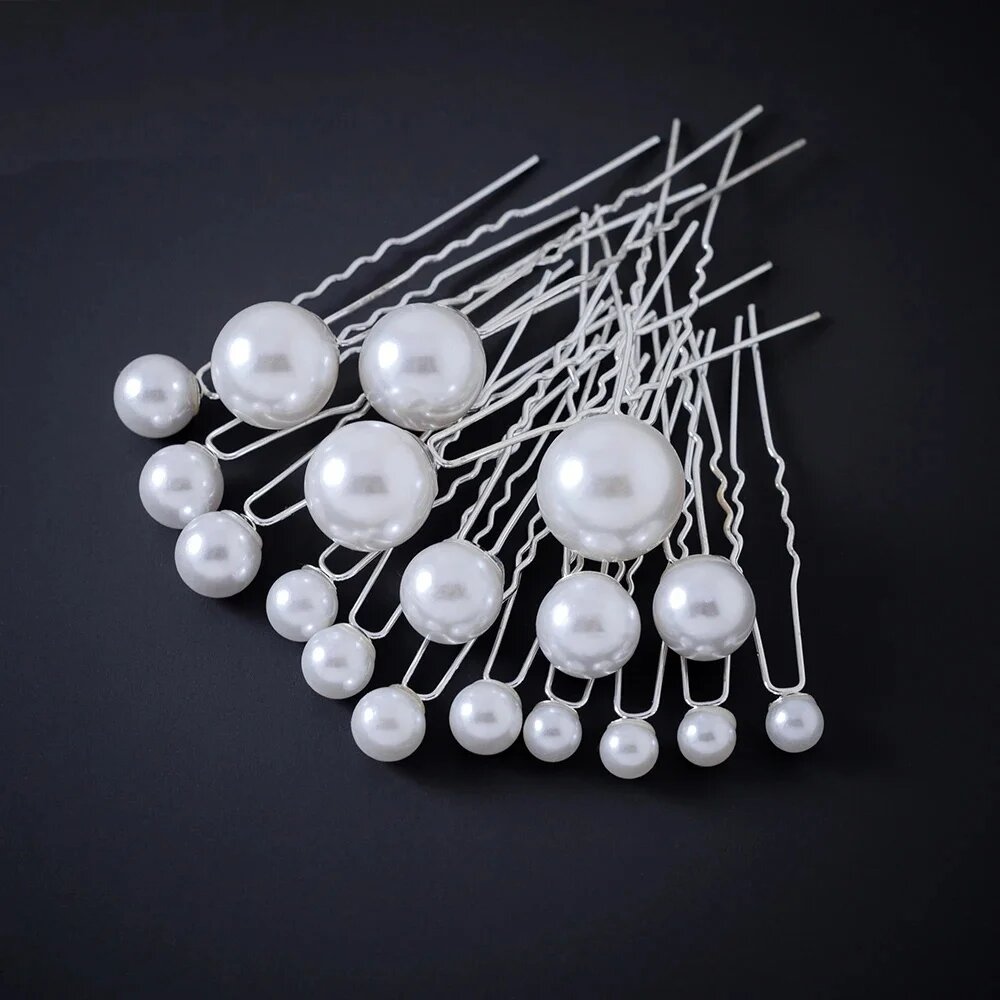 Женские заколки U-образные с кристаллами и жемчугом 18pcs Pearl Silver