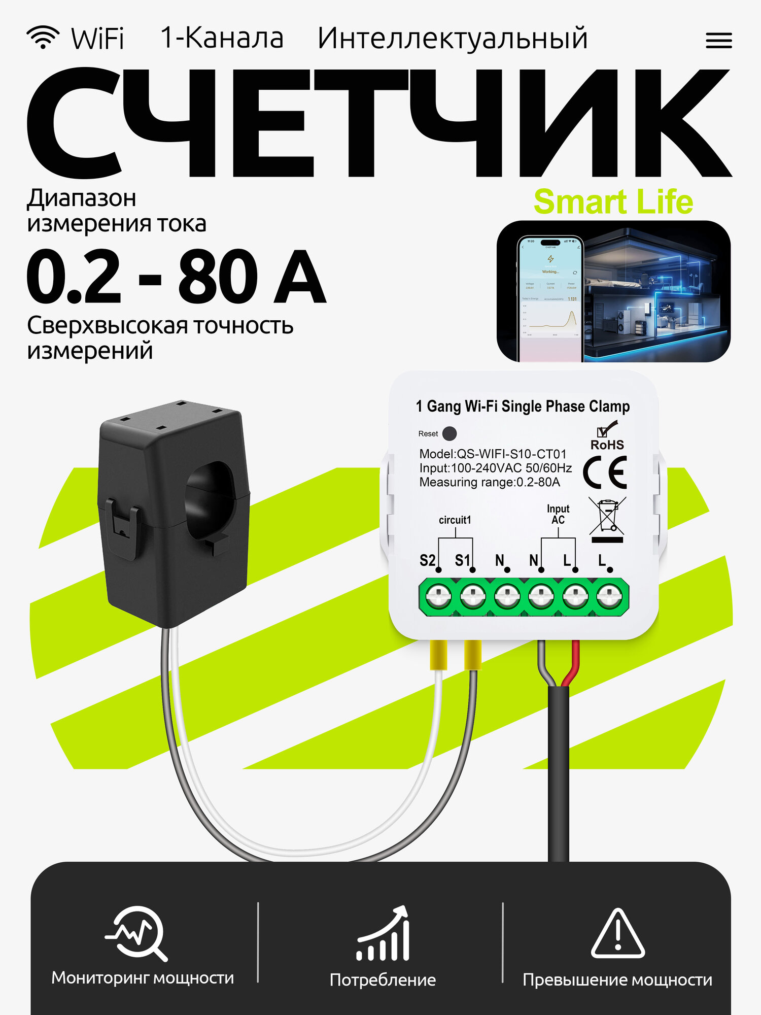 Умный счетчик энергии WIFI монитор энергопотребления однофазный, Tuya smart life,100-240v