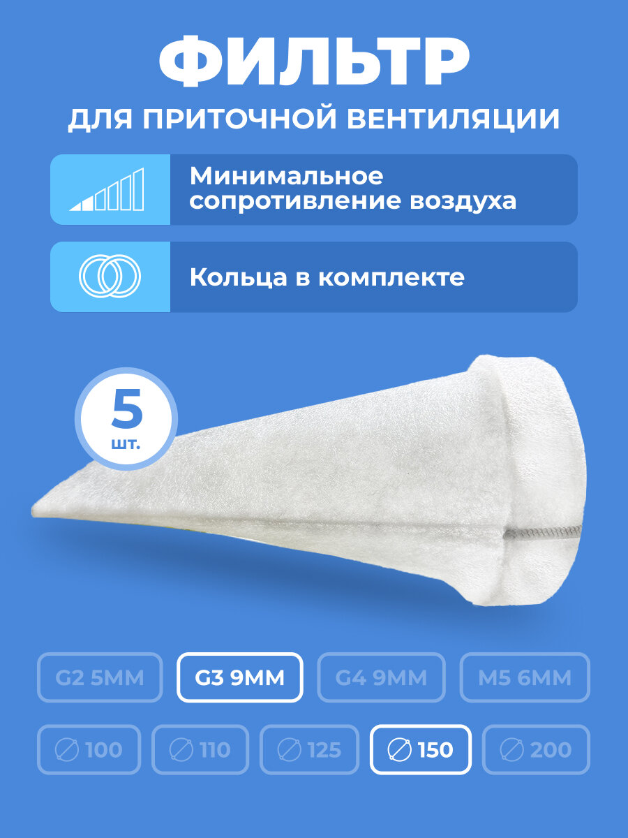 Фильтр канальный G3 150мм для приточной вентиляции в комплекте 5 штук, фильтр для бризера