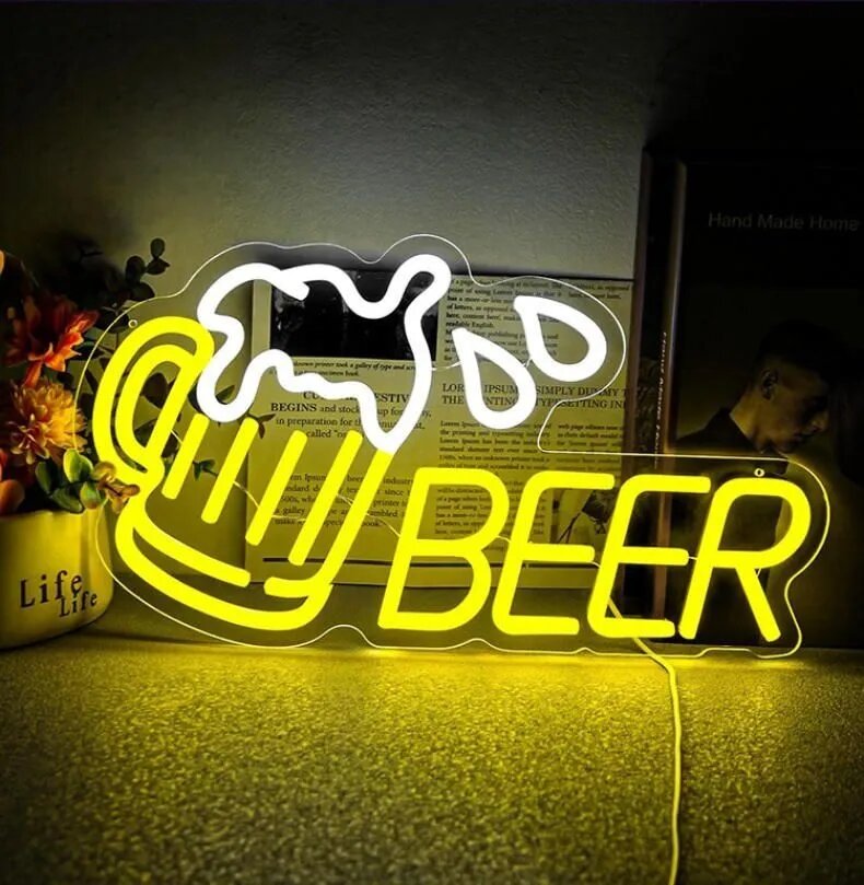 Неоновая светодиодная вывеска на стену "Beer", 450 мм, пластик, желтый/белый