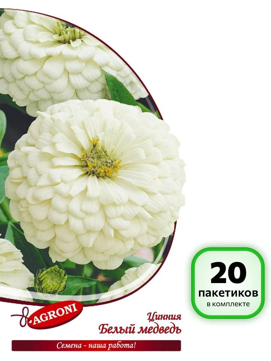(20 шт.) - Семена Цинния георгиноцветная Белый медведь 0.3 г