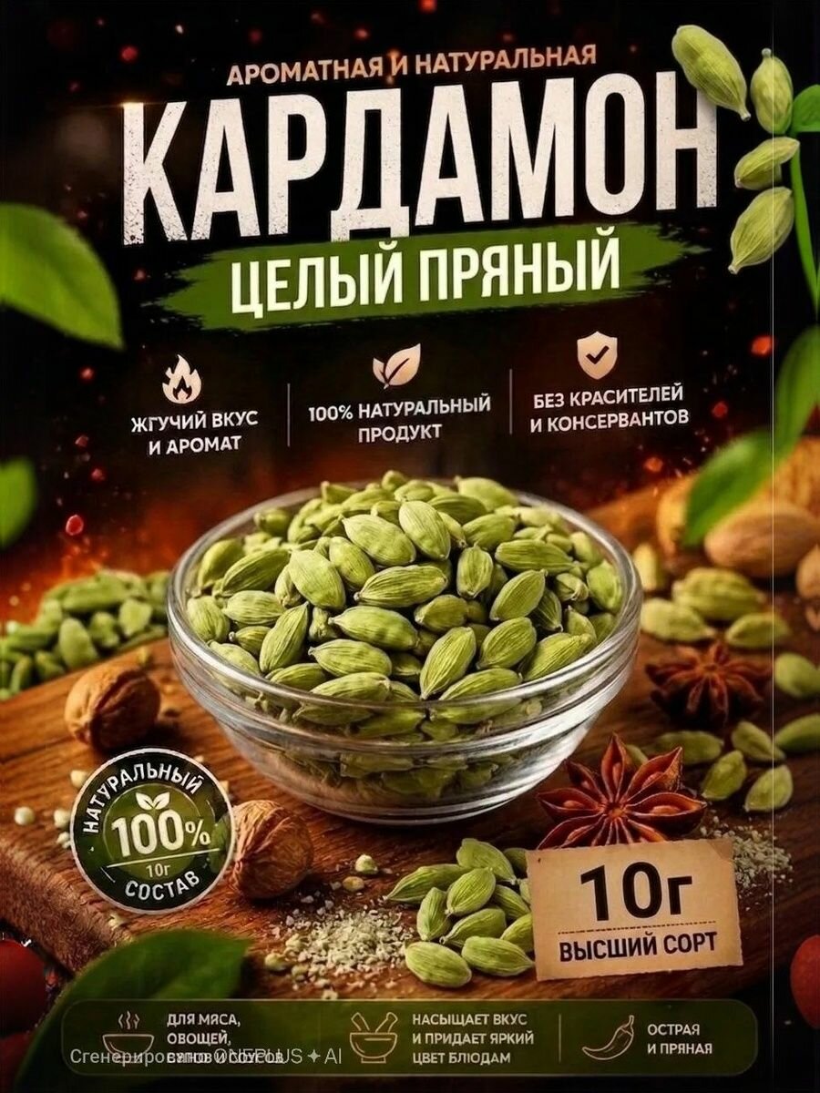 Кардамон целый зеленый, зёрна, 10гр