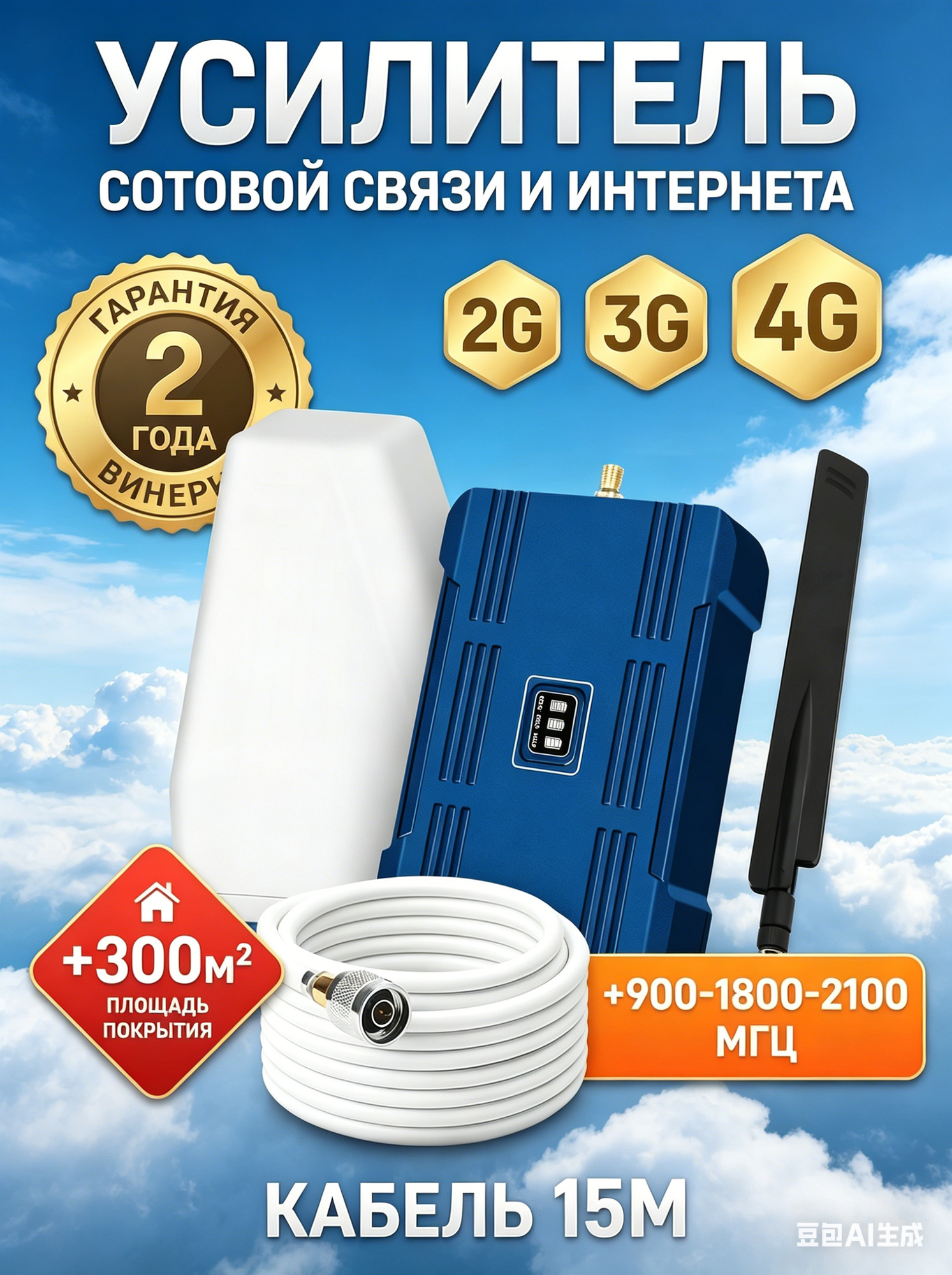 Усилитель сотовой связи 900/1800/2100 МГц (2G/3G/4G): до 70 км, направленный, синий, 1.3 кг