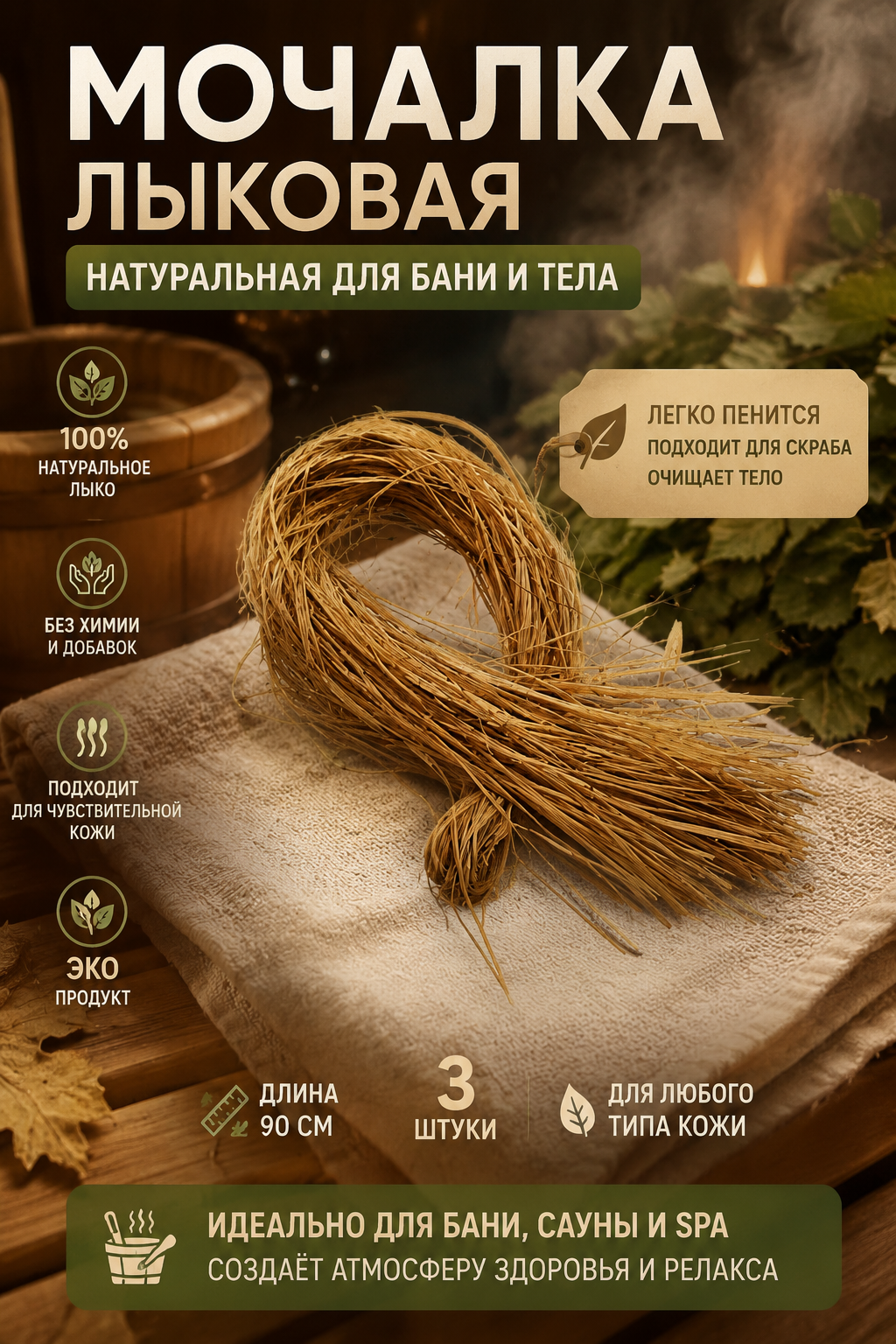 Мочалка лыковая для тела, массажная, антицеллюлитная, 90см, 3шт
