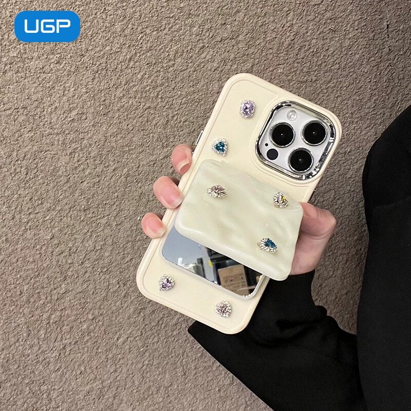 Защитный чехол для iPhone 16 с антично-белым зеркалом и алмазным закаленным стеклом