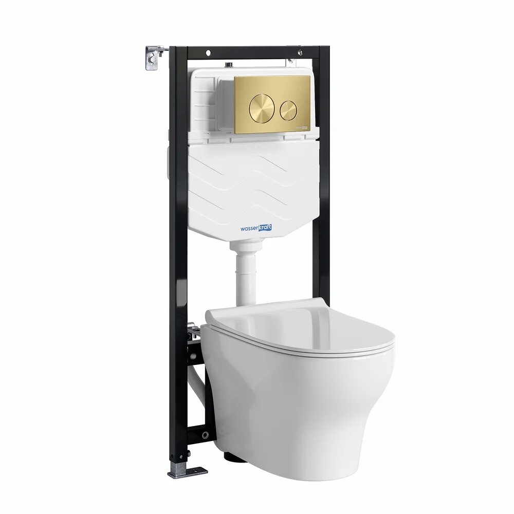 Комплект Унитаз подвесной WasserKRAFT Berkel H001 безободковый / Крышка для унитаза E034 / Система инсталляции для унитазов Aller 10TLT.010. ME, Кнопка смыва MG02