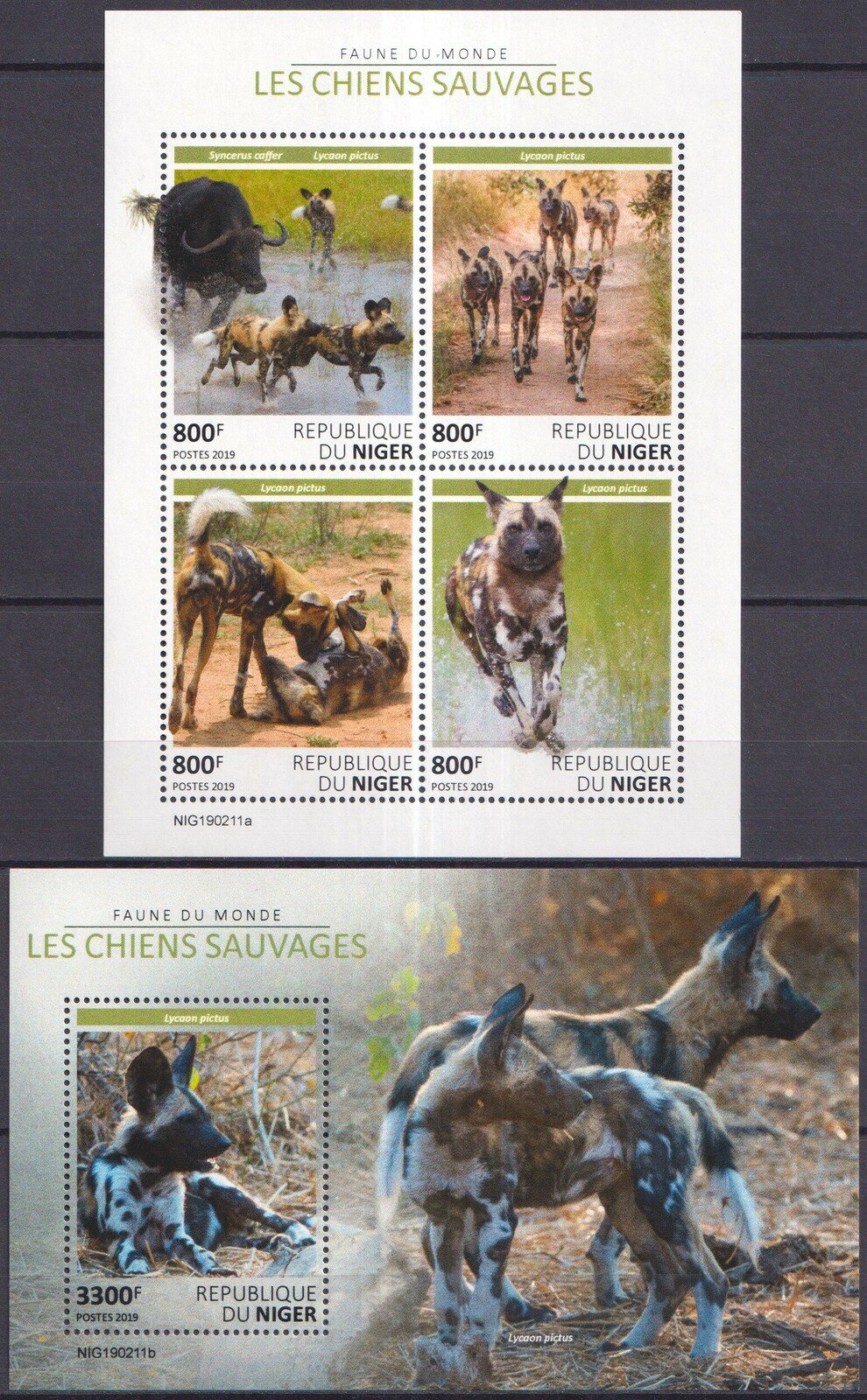 Марки 2019 год Нигер Гиены и дикие собаки Животные Фауна #6483-6486+Bl993 Mnh