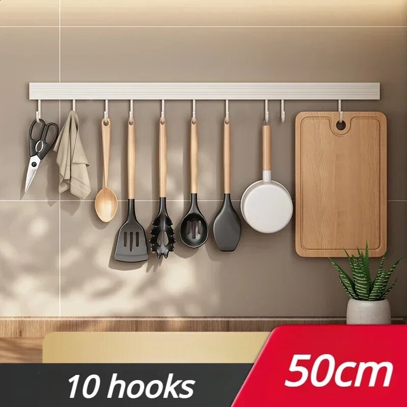 Алюминиевая настенная полка с крючками для кухни A White 50cm