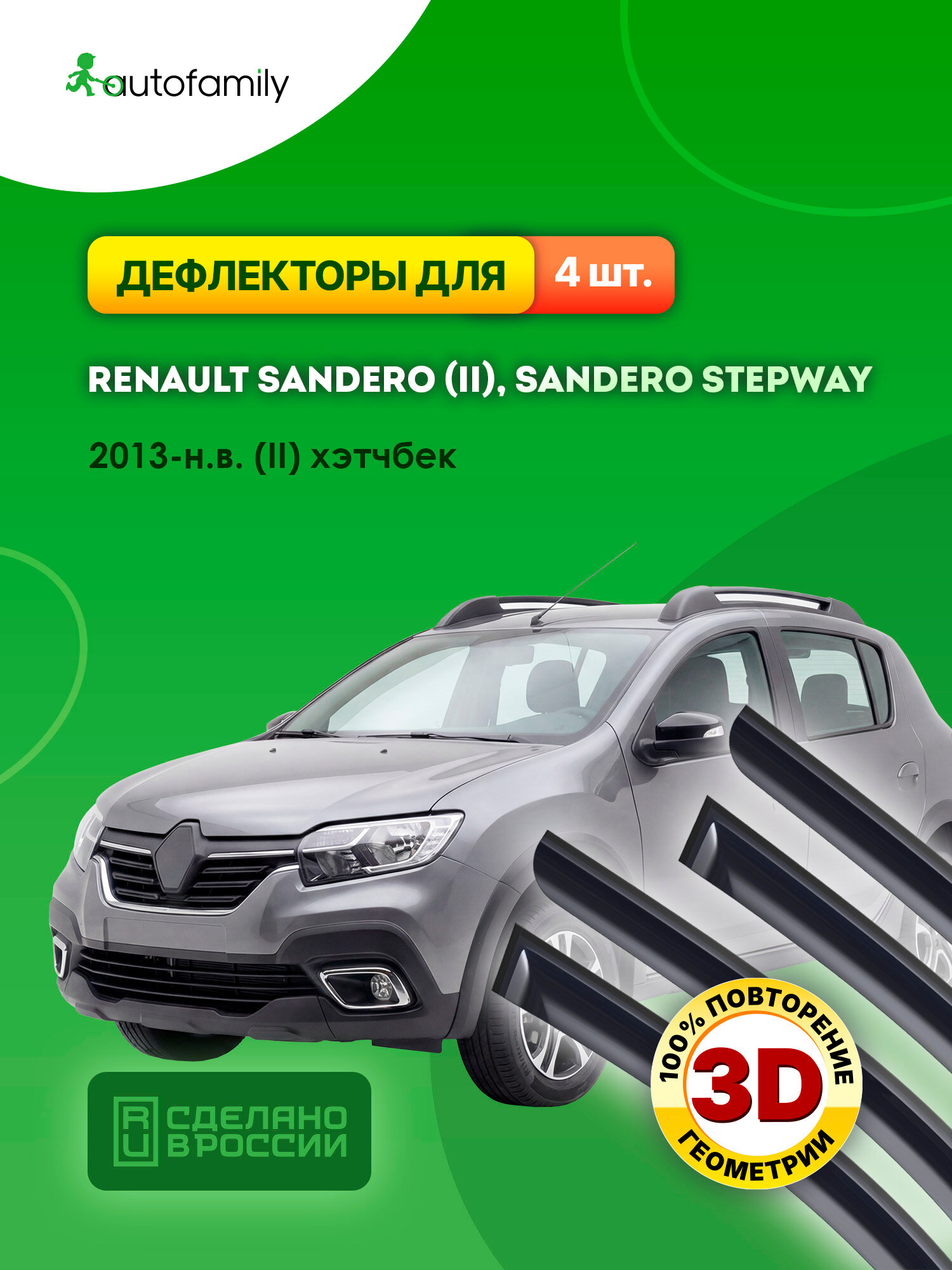 Дефлекторы окон для RENAULT SANDERO (II), SANDERO STEPWAY 2013-н. в. (II) хэтчбек 5 дв. REIN 4 шт. / Рено Сандеро