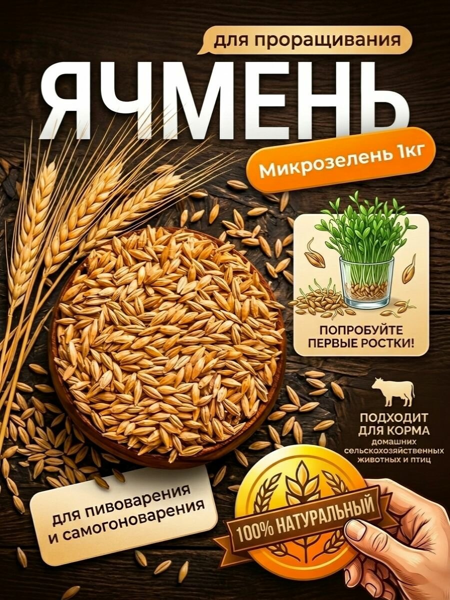 Ячмень для проращивания, для пивоварения и самогоноварения, Микрозелень 1кг