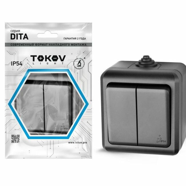 Выключатель 2-клавишный 10А IP54, цвет карбон (матовый черный)