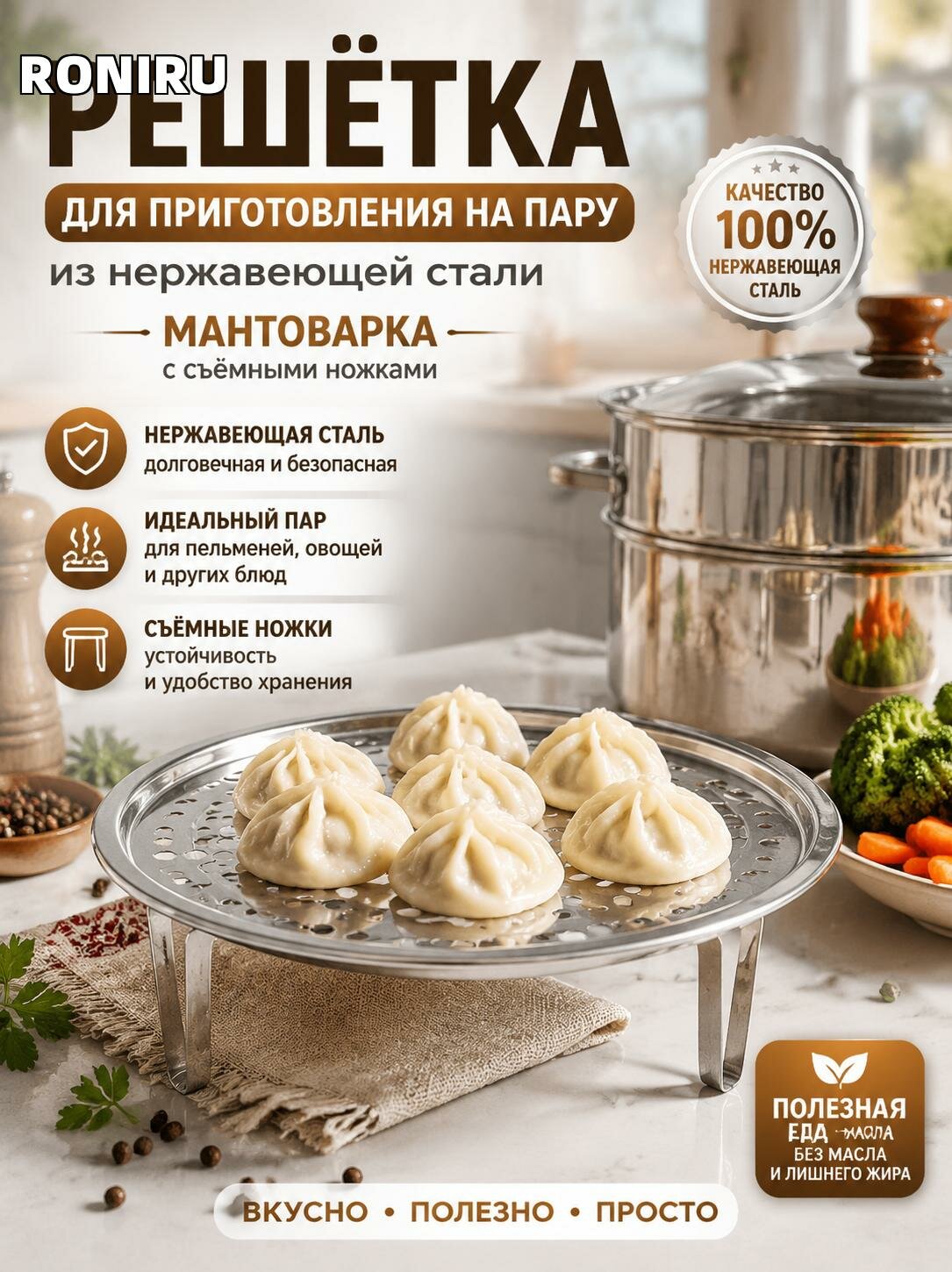 Решетка для приготовления на пару из нержавеющей стали — мантоварка с съёмными ножками для пельменей и овощей!