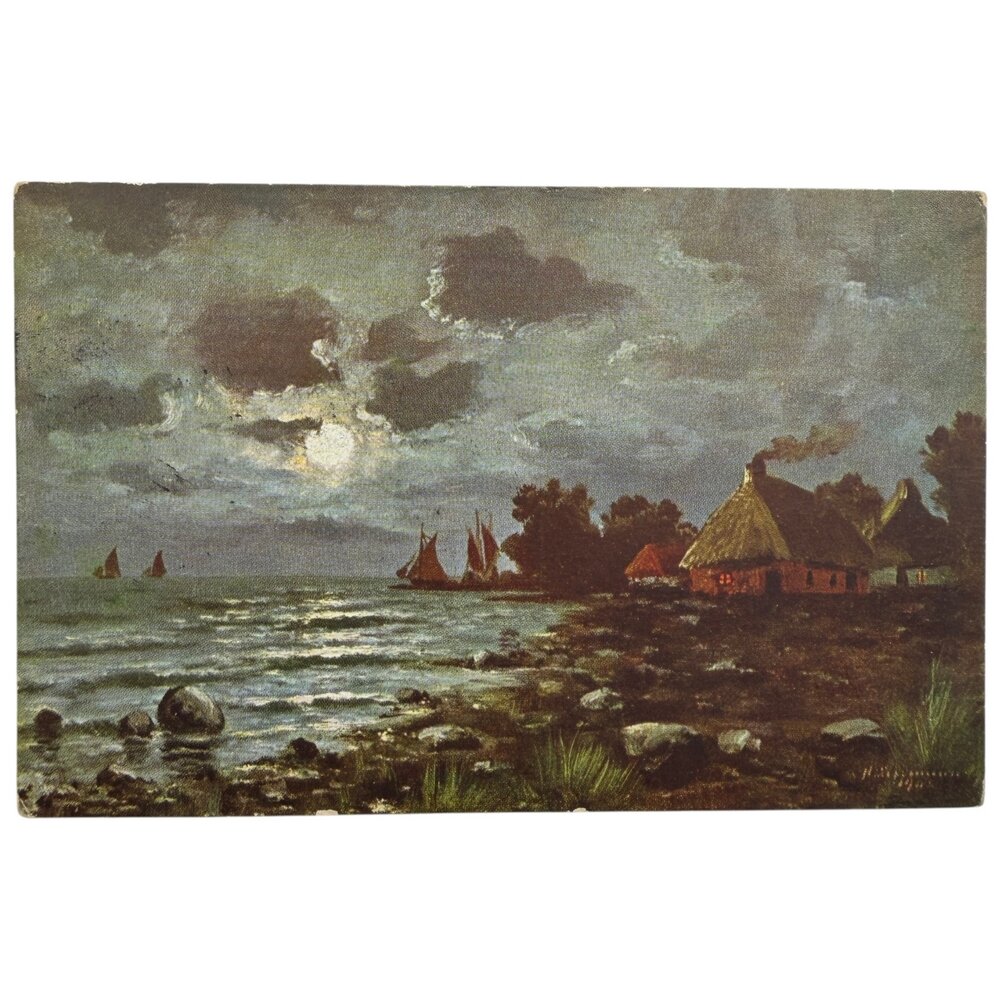 Почтовая открытка "Рыбацкая деревня в лунную ночь" 1900-1917 гг. Германская Империя