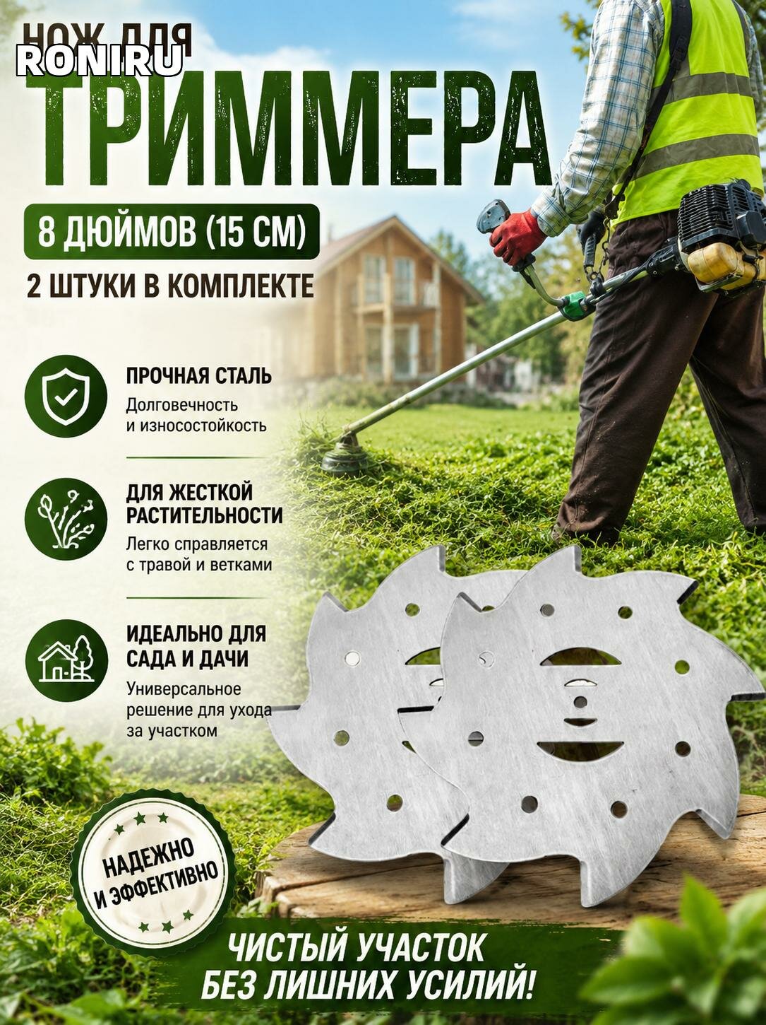 Нож для триммера 8 дюймов (15 см), 2 шт, из прочной стали — универсальный комплект для жесткой травы и веток, сад и дача