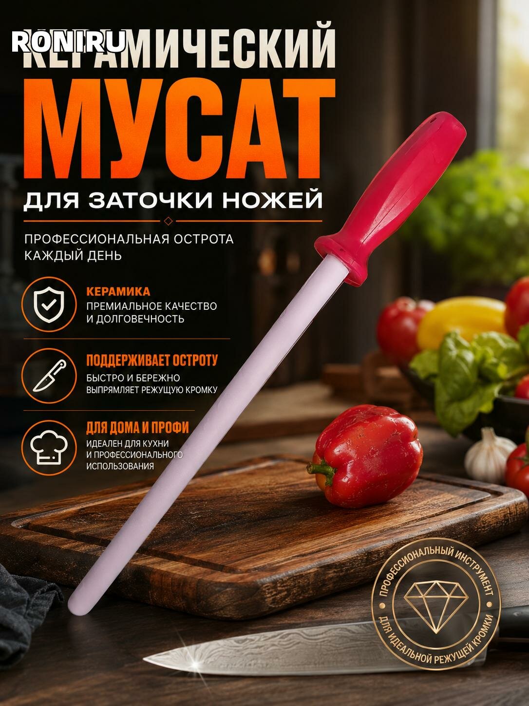 Керамический мусат для заточки ножей — инструмент для поддержания остроты кухонных ножей дома и в проф. условиях