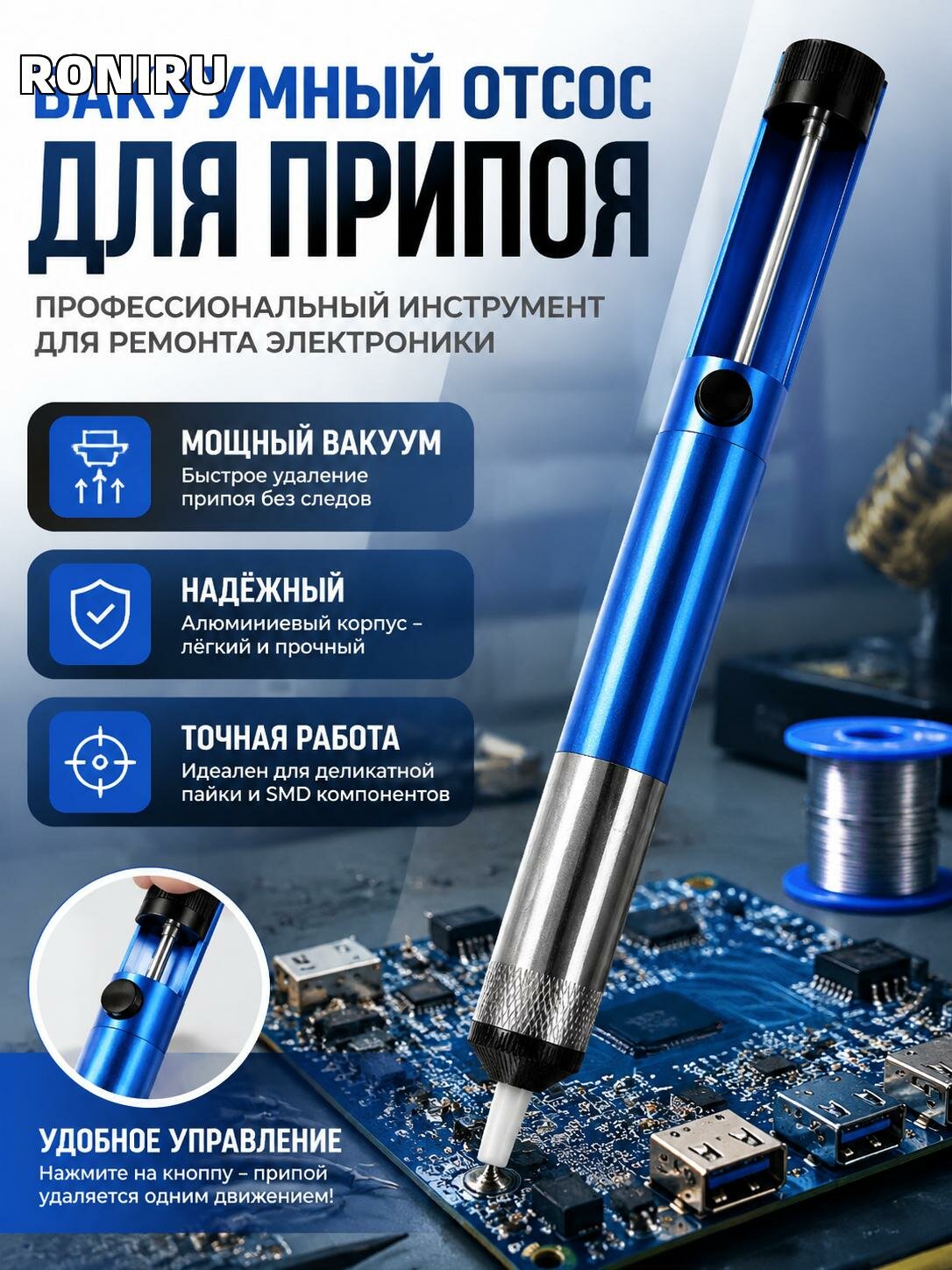 Алюминиевый вакуумный отсос для припоя — паяльный насос-отсосник для ремонта плат, отпайки компонентов, синий корпус