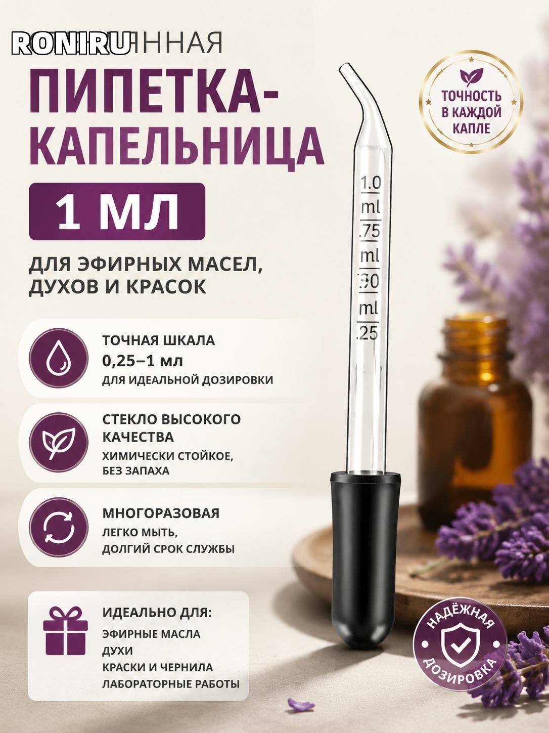 Стеклянная пипетка-капельница 1 мл для эфирных масел, духов и красок — многоразовая дозаторная пипетка с прозрачной шкалой 0,25-1 мл