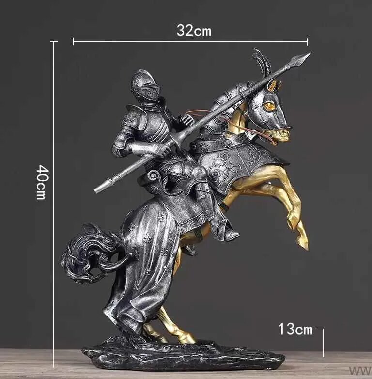 Статуэтка Рыцарь с копьем на коне, 40x13x32 см, полистоун, Серебристый