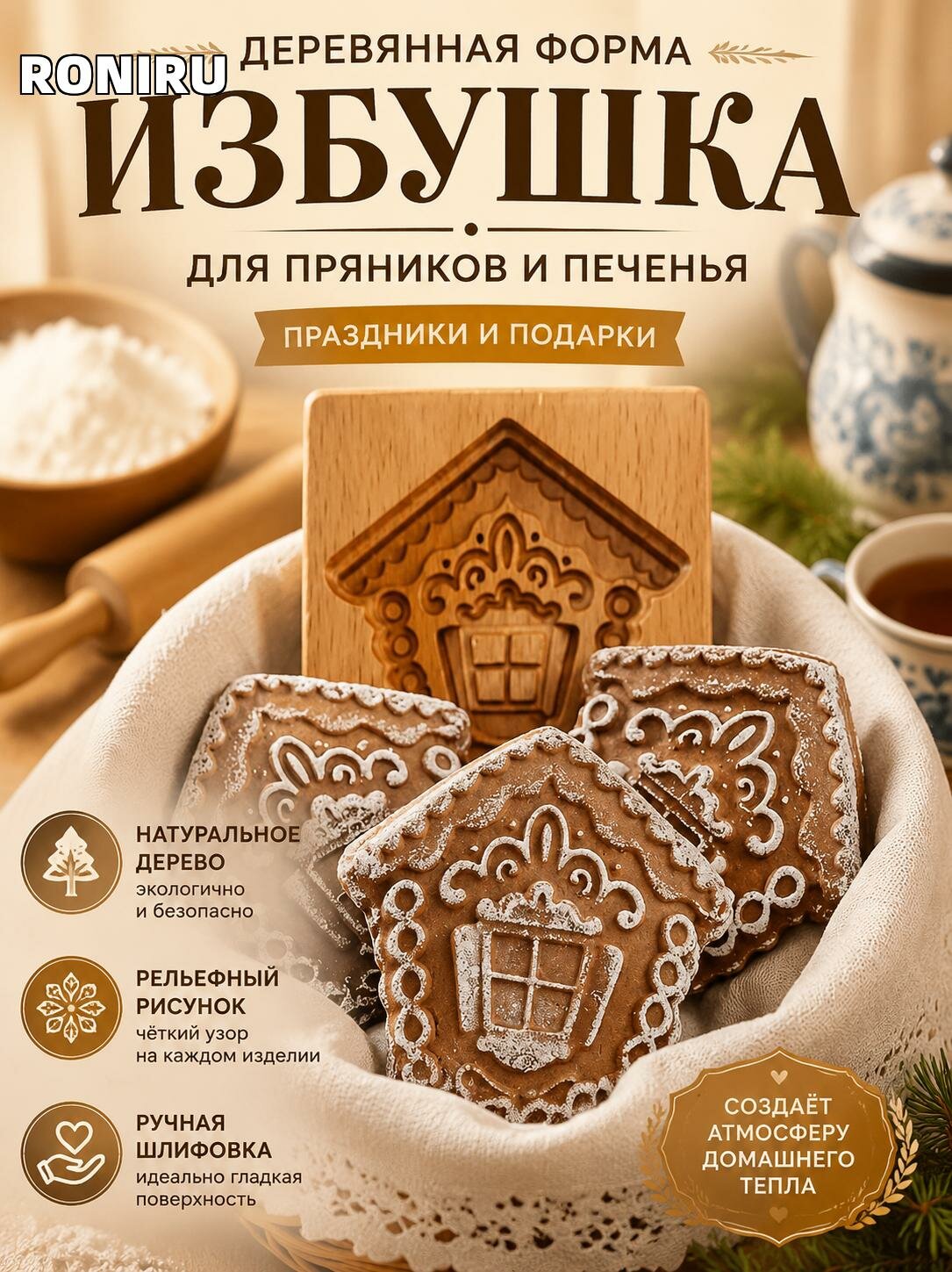 Деревянная форма для пряников и печенья "Избушка" с рельефным рисунком для праздников и подарков, ручная шлифовка