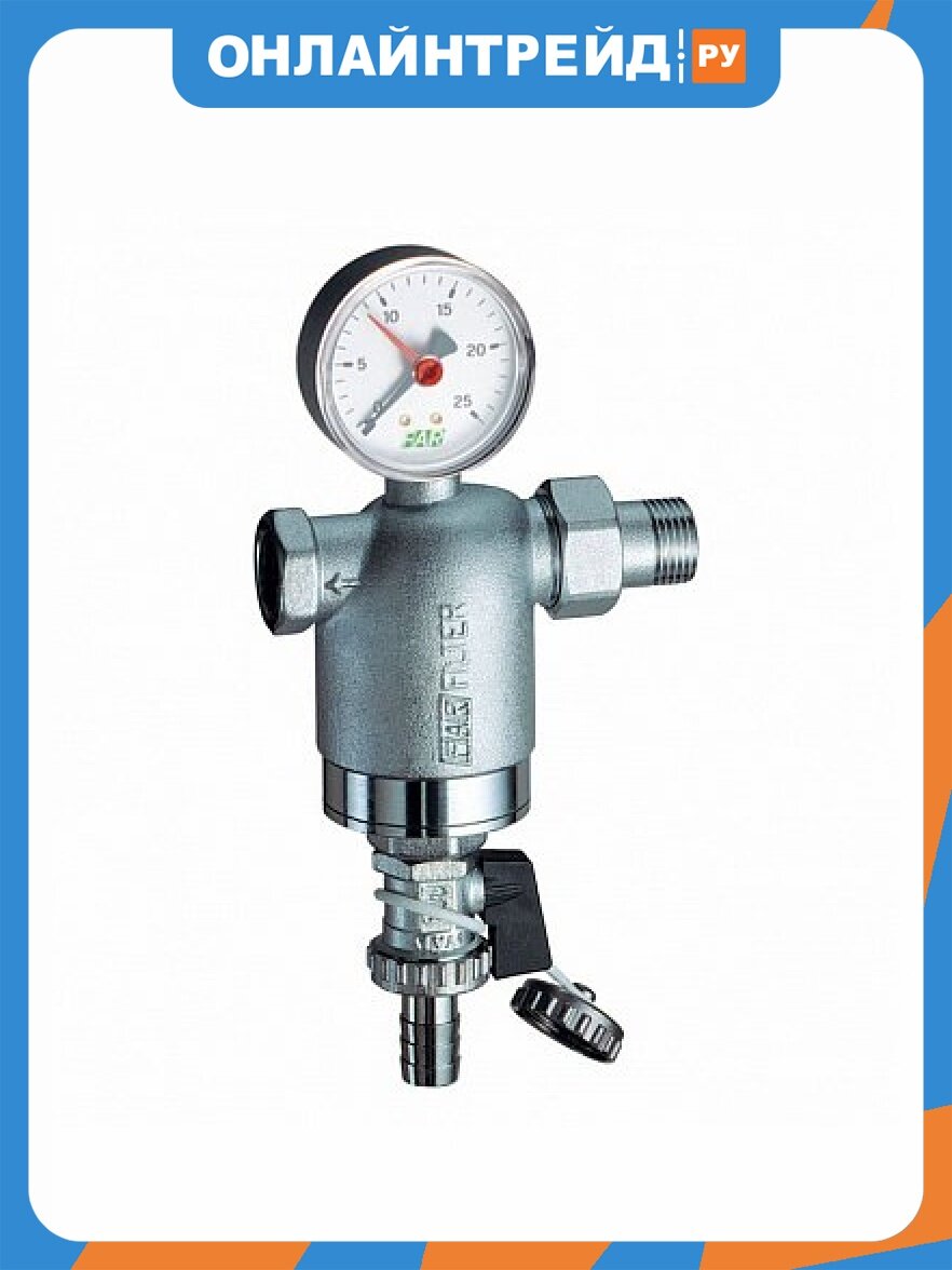 Фильтр Far 1/2" НР-BР, с манометром, 100мкм, Max: 95 °C, 25 бар