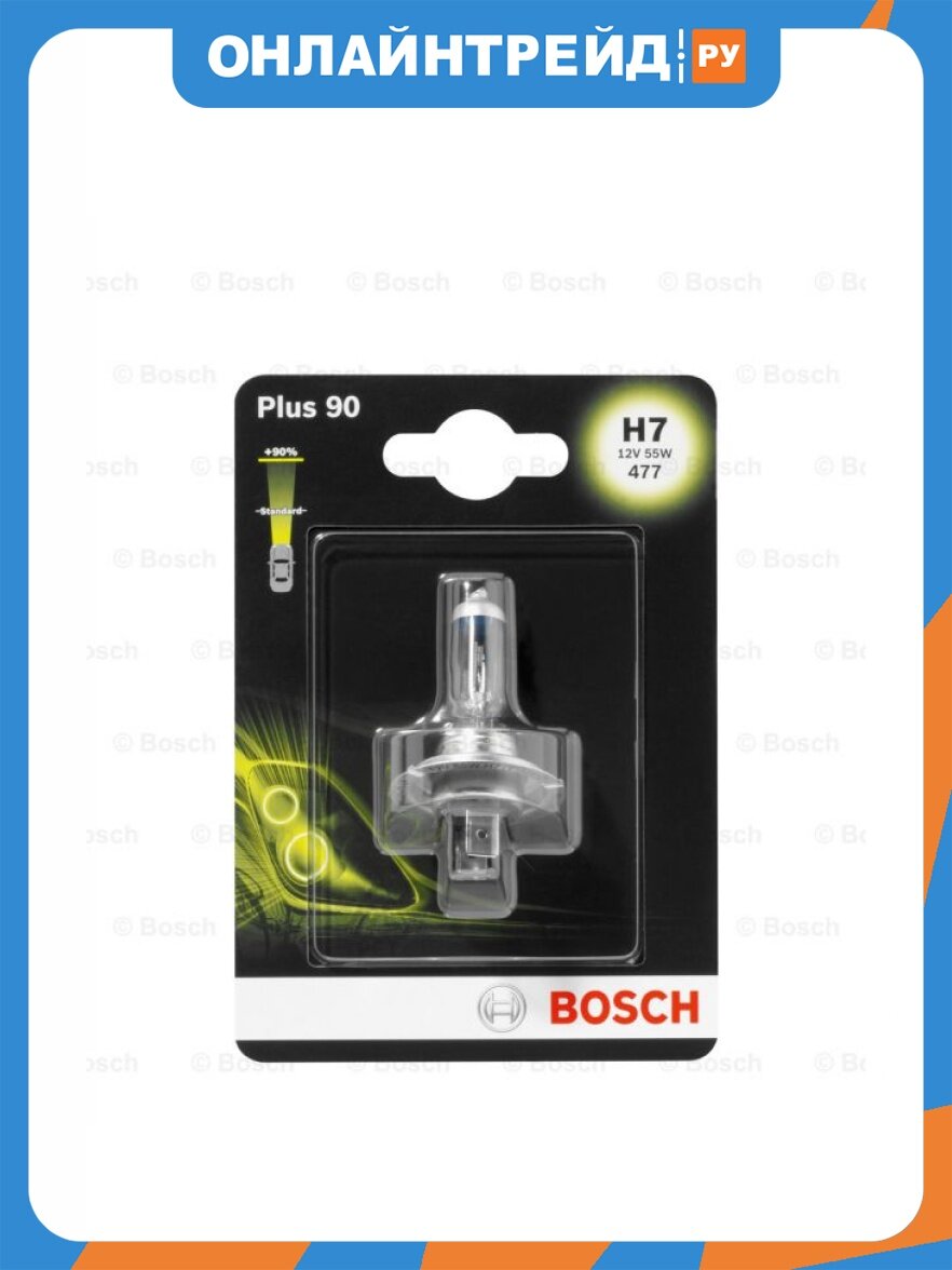 Лампа автомобильная Bosch H7 +90 блистер, 1 шт, 1987301078
