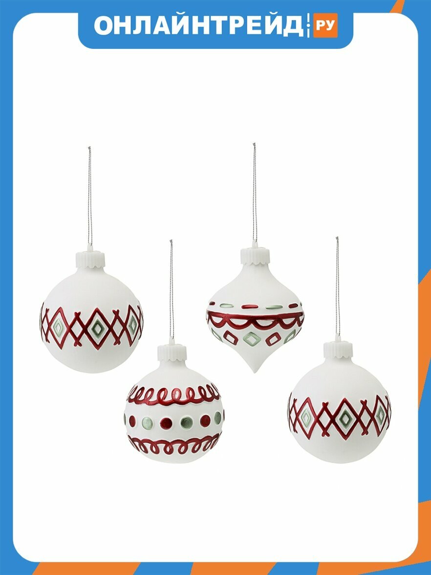 Набор фарфоровых елочных игрушек Tkano с подсветкой Festive embroidey из коллекции New Year Essential, 4 шт.