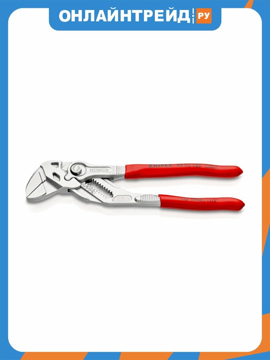 Клещи переставные - гаечный ключ Knipex KN-8603180SB, 40 мм (1 1/2"), 180 мм, хром, пластиковые рукоятки