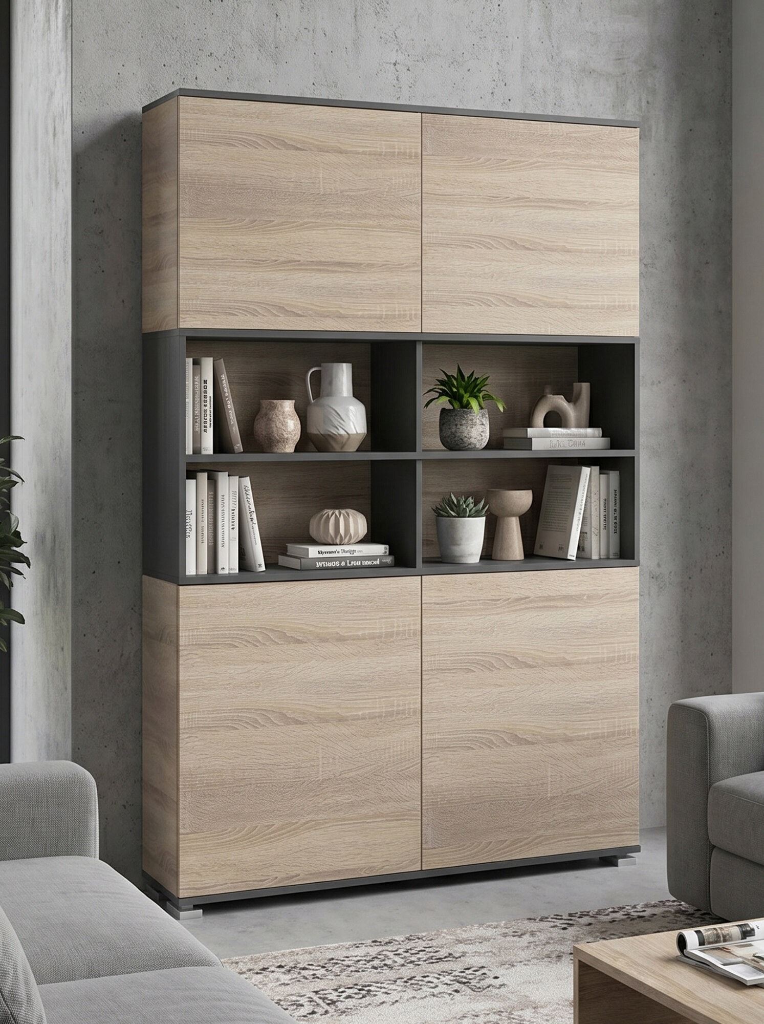 Стеллаж Тео, СОД-120, с распашными дверями, графит/сонома, 122х32х190 см