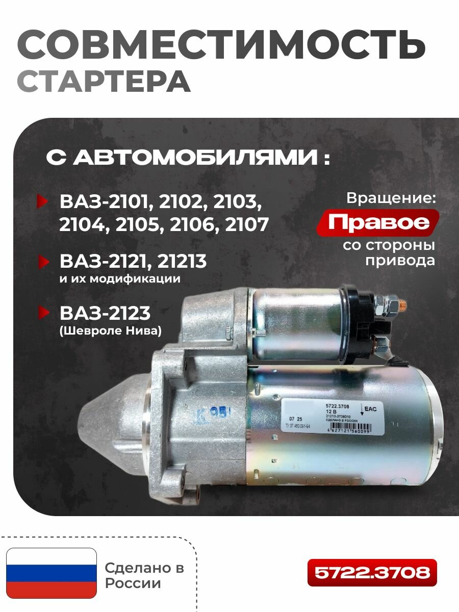 Стартер Лада ВАЗ-2101-2107, ВАЗ-2121, 21213 11 зубьев 1.55 Квт 5722.3708 — фото 1