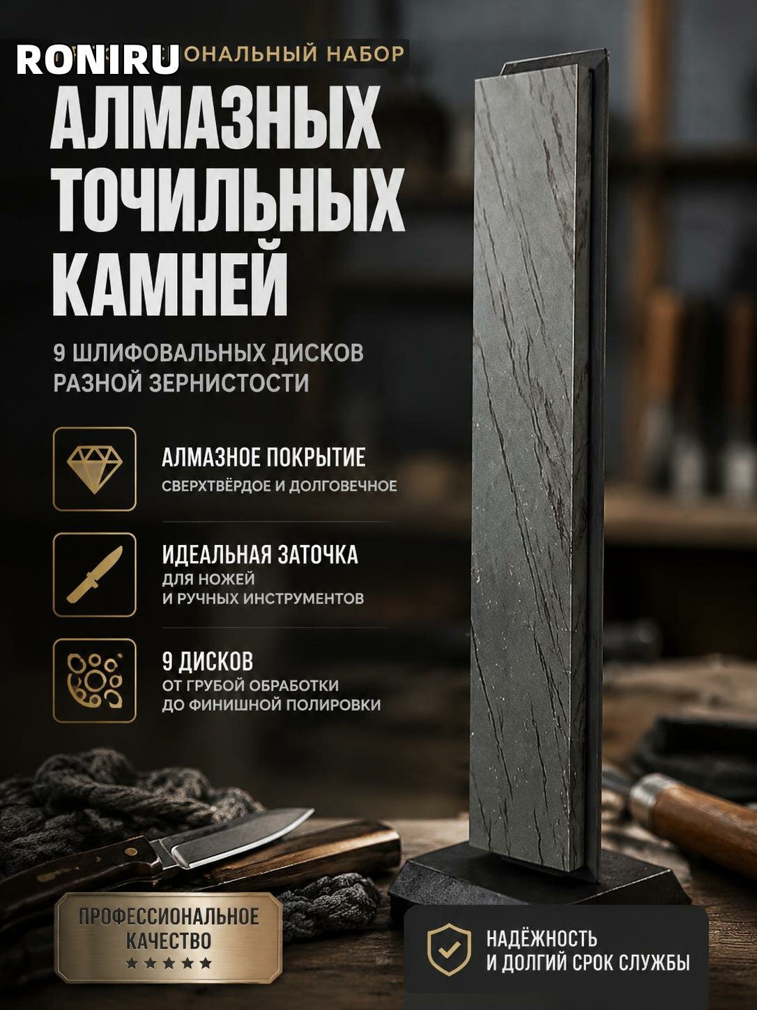 Набор алмазных точильных камней 9 шлифовальных дисков разной зернистости для заточки ножей и ручных инструментов