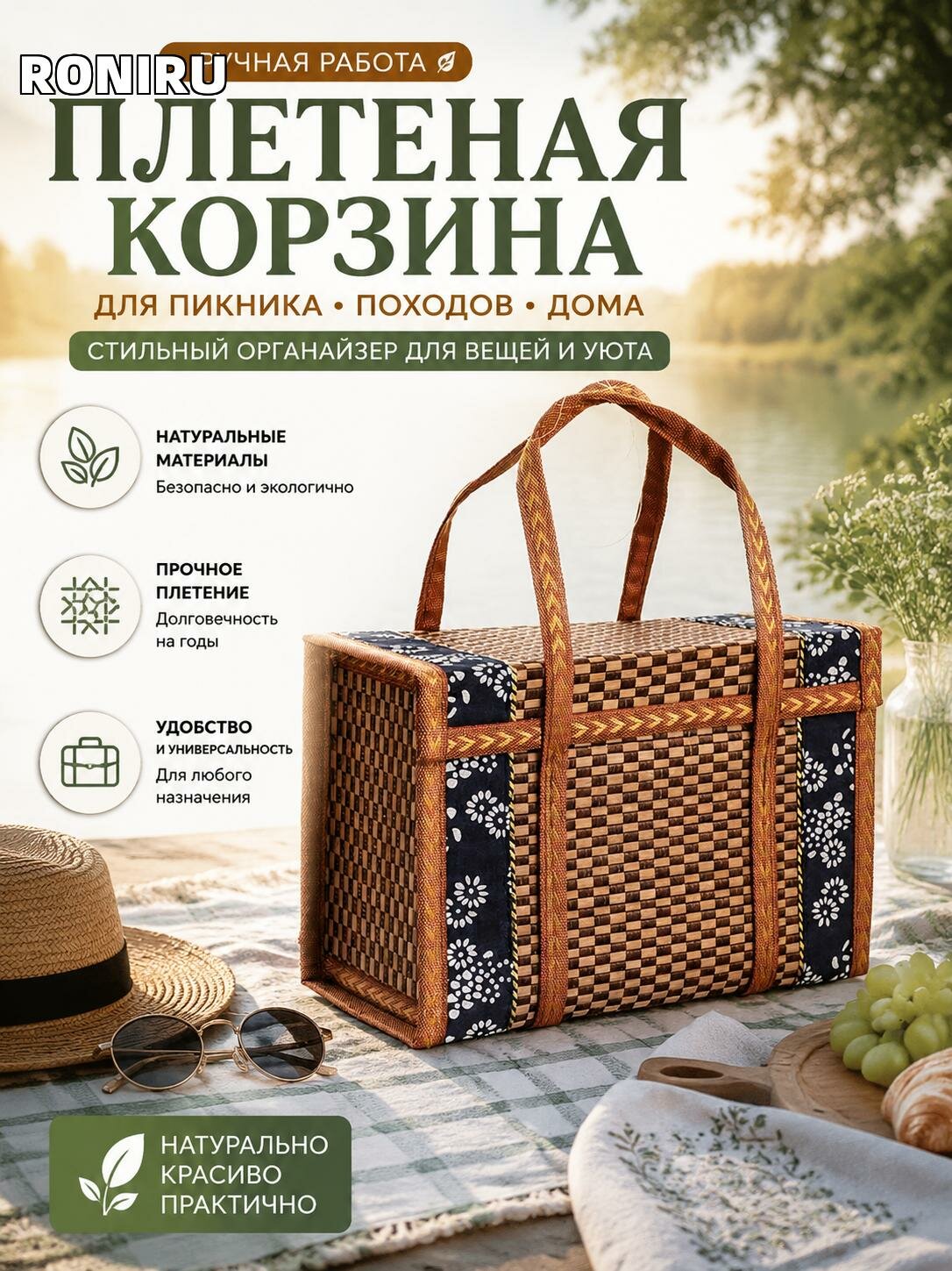 Плетеная корзина ручной работы для пикника, походов и дома — стильный органайзер для вещей и уюта, натуральный