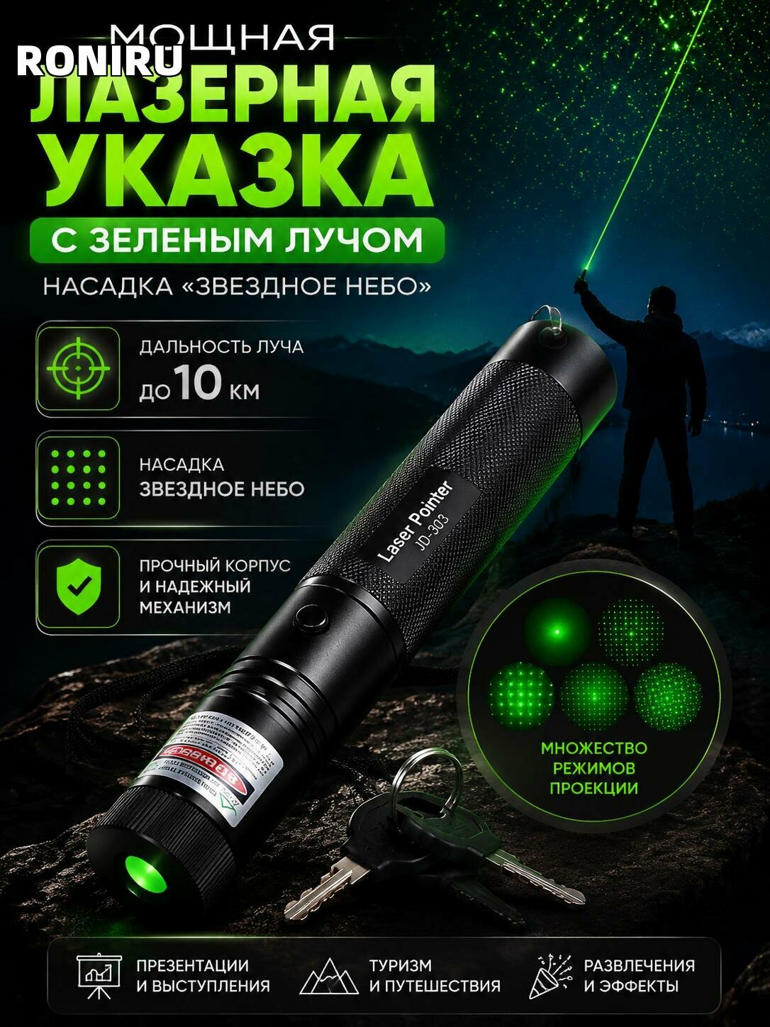 Мощная лазерная указка с зеленым лучом и насадкой «звездное небо» для презентаций, туризма и развлечений, до 10 км