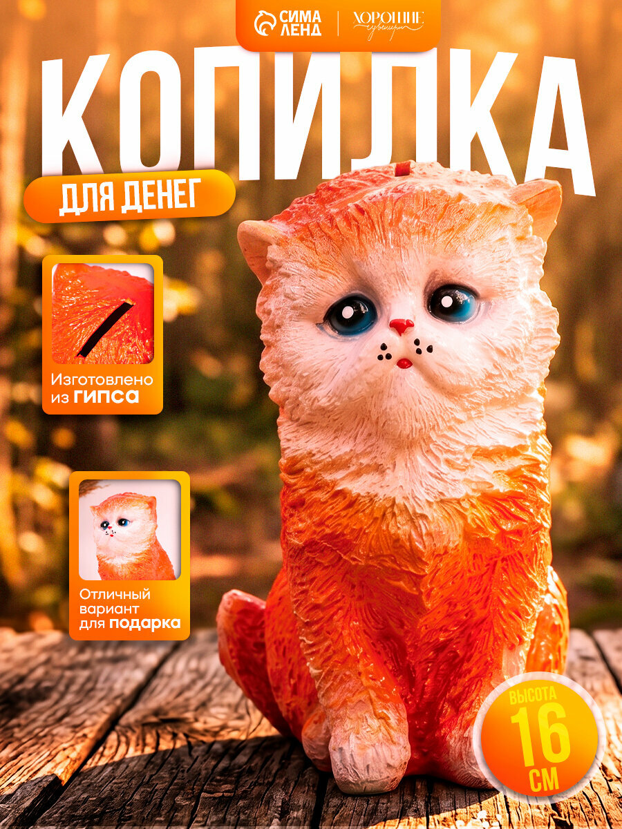 Копилка Хорошие сувениры «Котенок Рыжий», гипс, оранжевая, 16 см